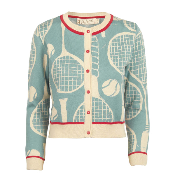 PALAVA レディース オーガニックコットン ニットカーディガン 総柄 (スカイブルー x テニスラケット) Vera Tennis ...